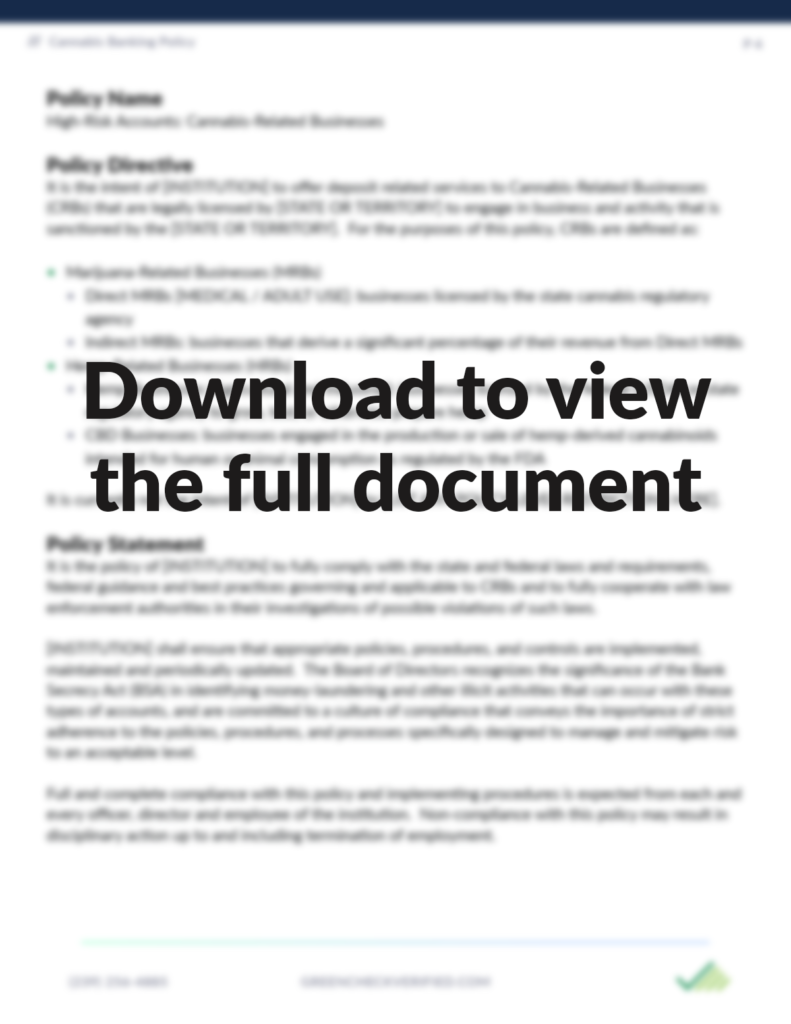 Sample Cannabis Banking Policy | Green Check